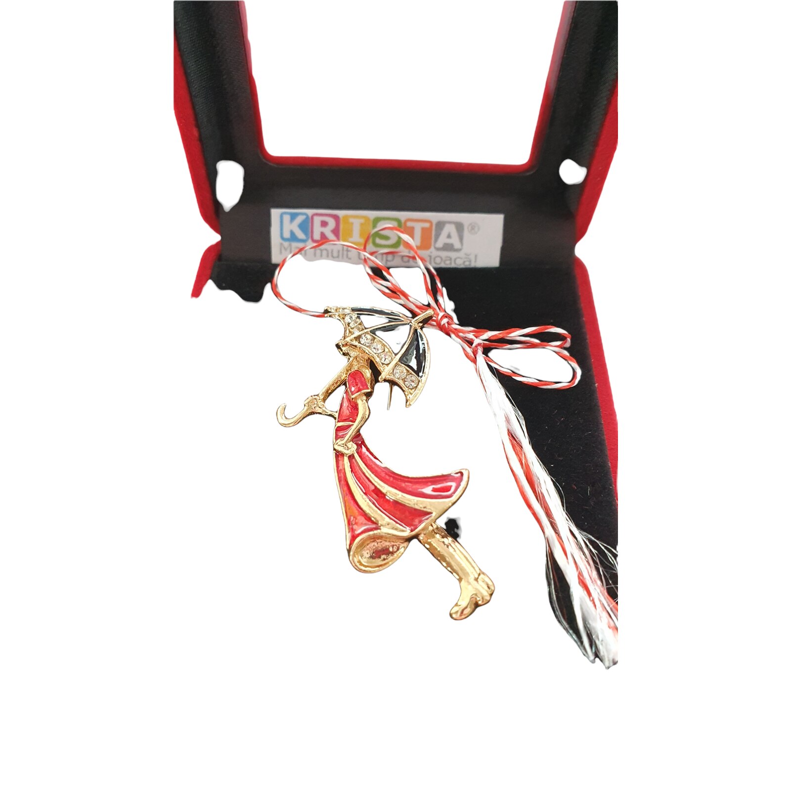 Martisor tip brosa eleganta Domnisoara cu ubrela, auriu cu rosu ...