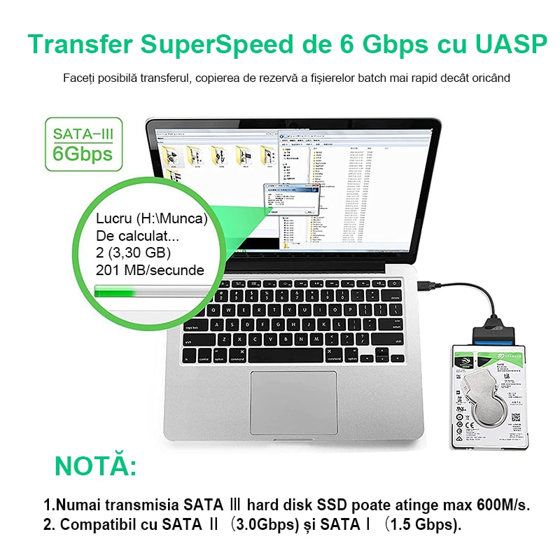 Adaptor cu cablu, SATA III - USB 3.0, Transfer de date SSD/HDD, Negru ...