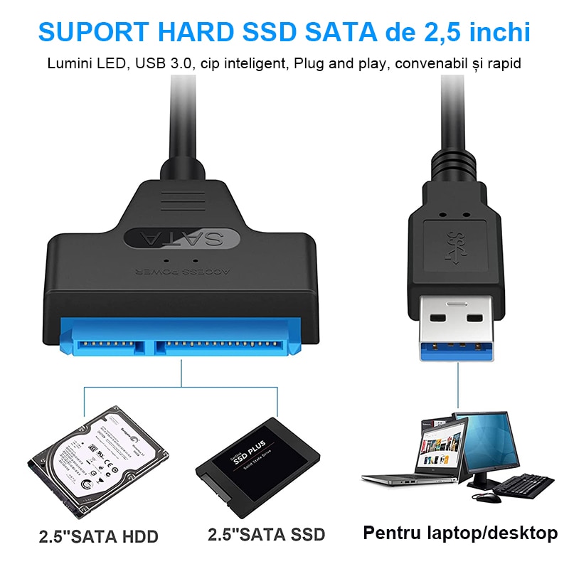 Adaptor cu cablu, SATA III - USB 3.0, Transfer de date SSD/HDD, Negru ...
