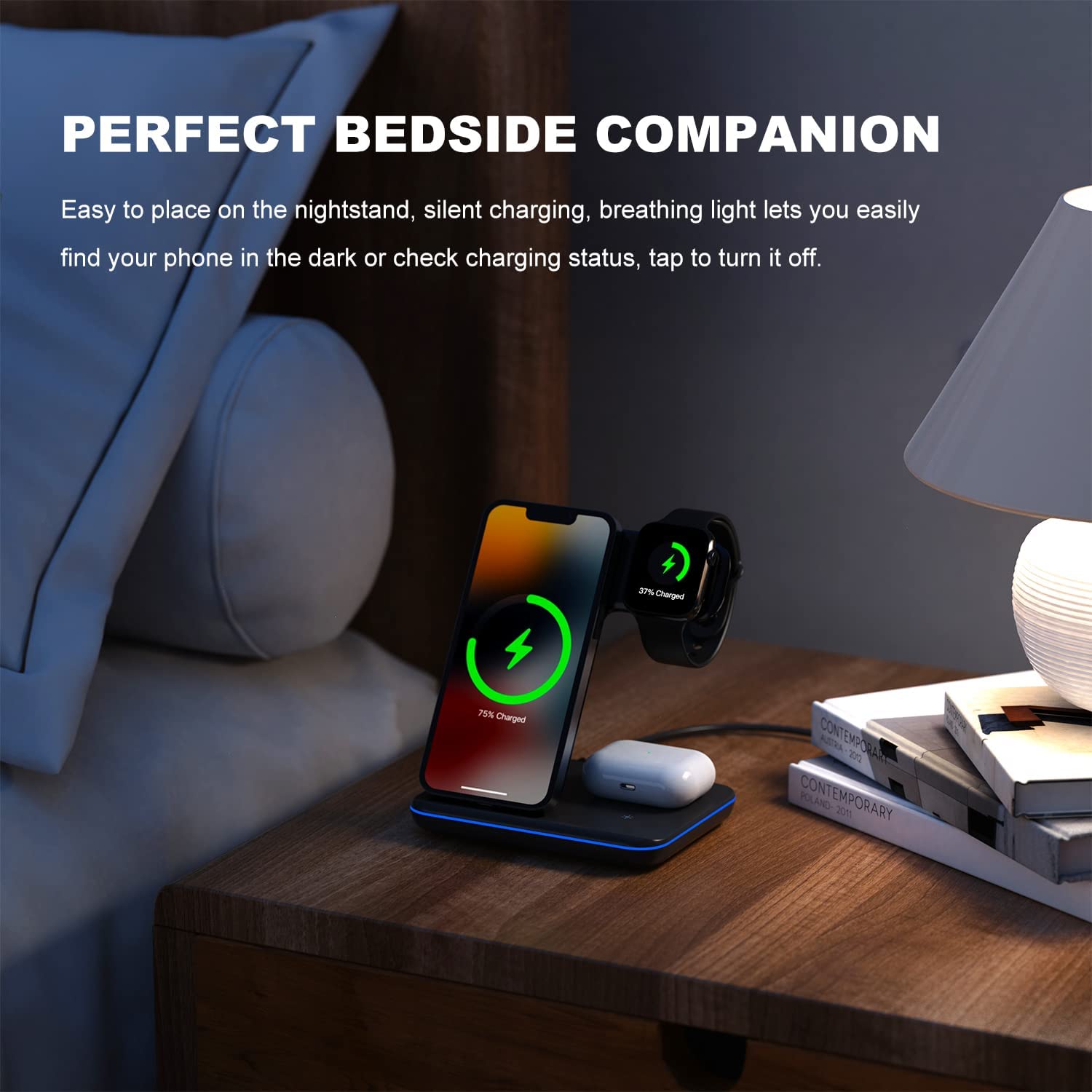 Statie de incarcare wireless 3 in 1 GY-Z5, Cablu USB-C, 15 W, Negru ...