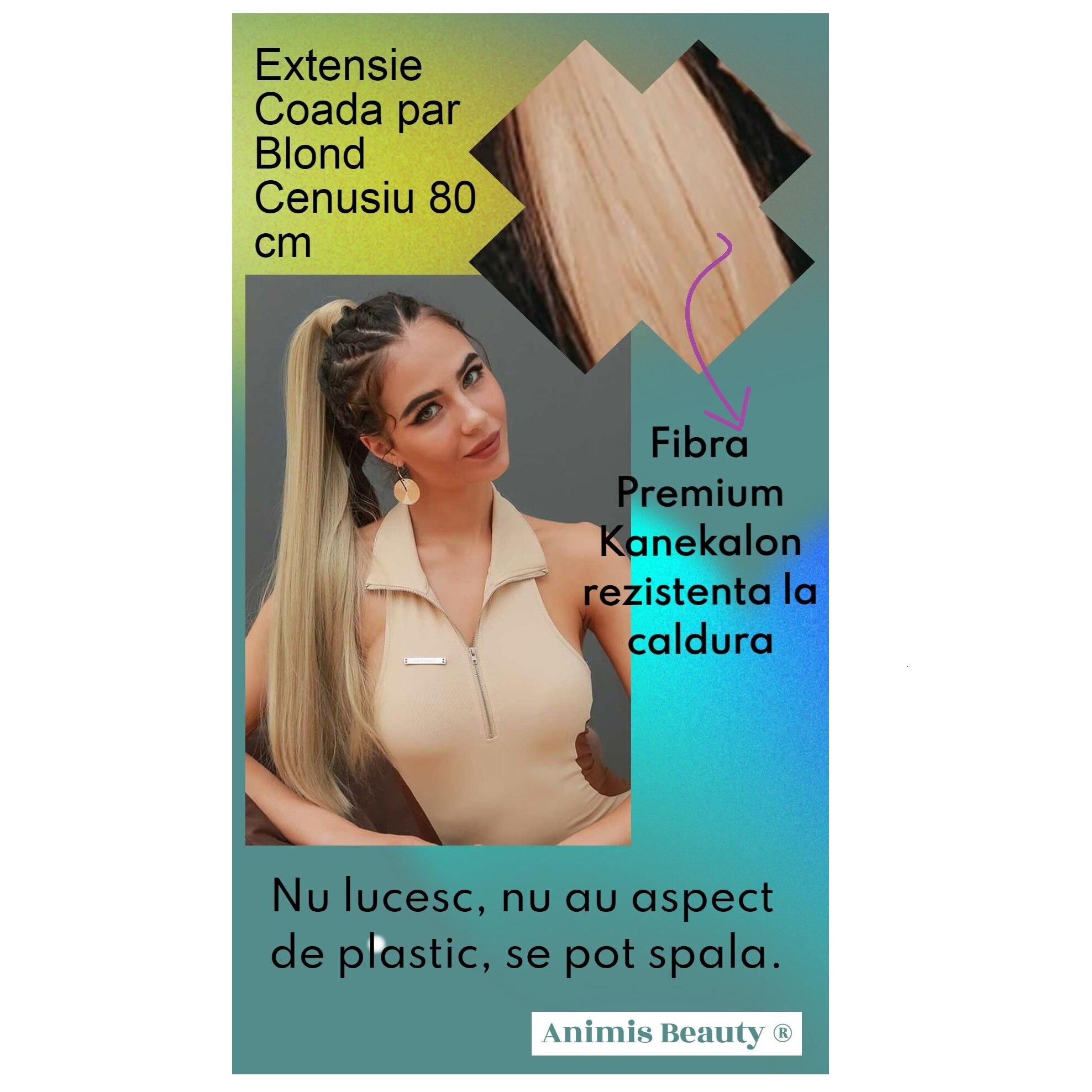 Extensie de par 80 cm, coada de par tip ponytail, Blond Cenusiu, fibra ...