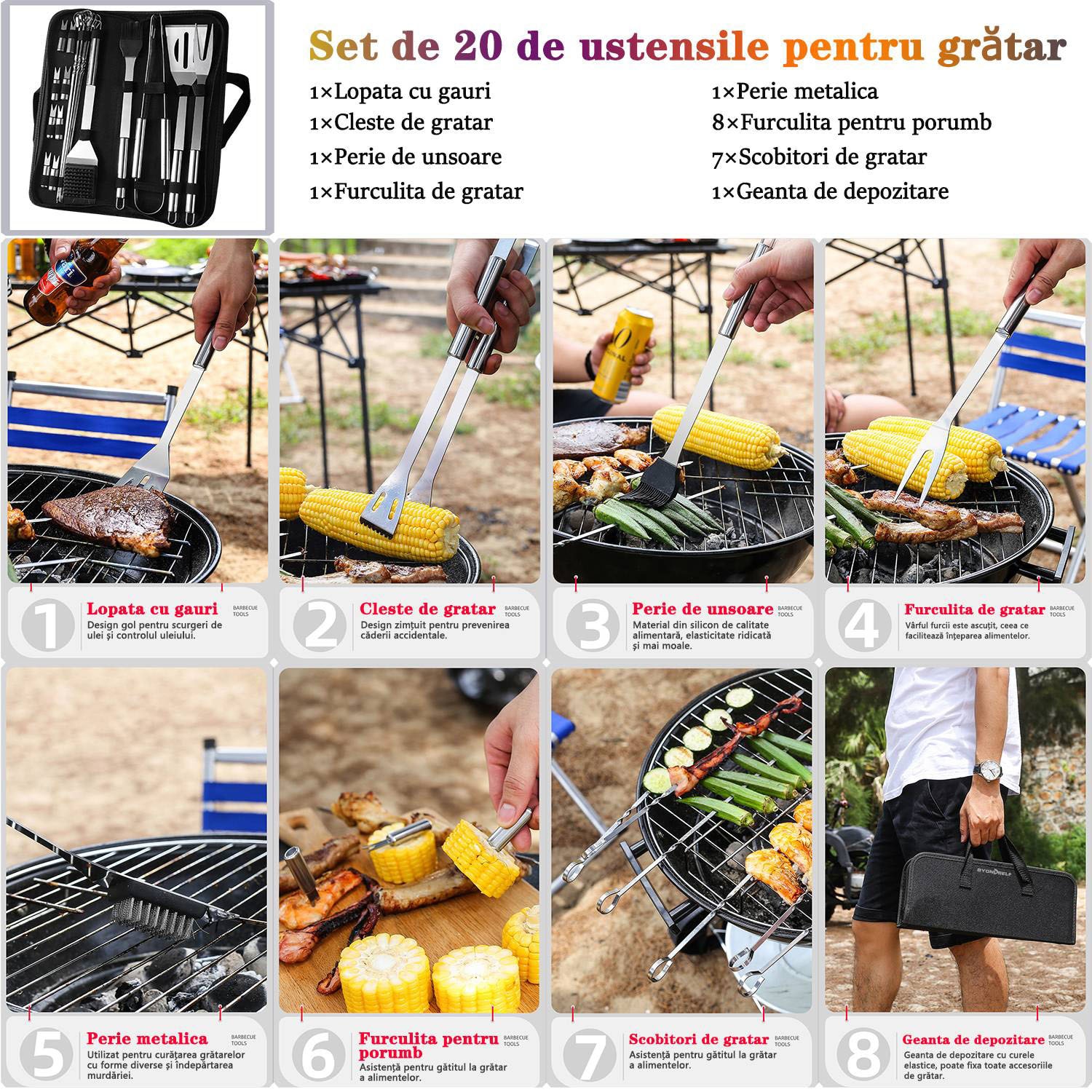 Set 20 accesorii gratar OutDoor din otel inoxidabil de calitate ...