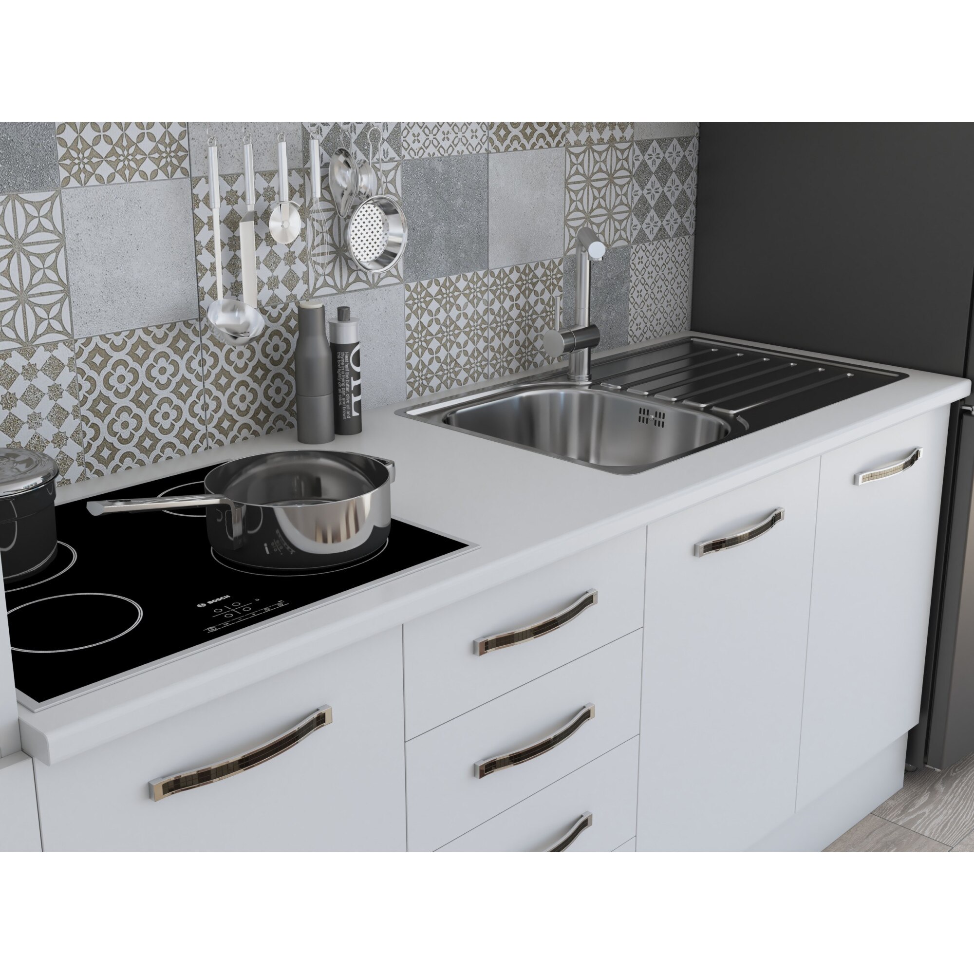 Bucatarie Alfa 240, soldat, cu vitrina, alb, blat termic alb - eMAG.ro