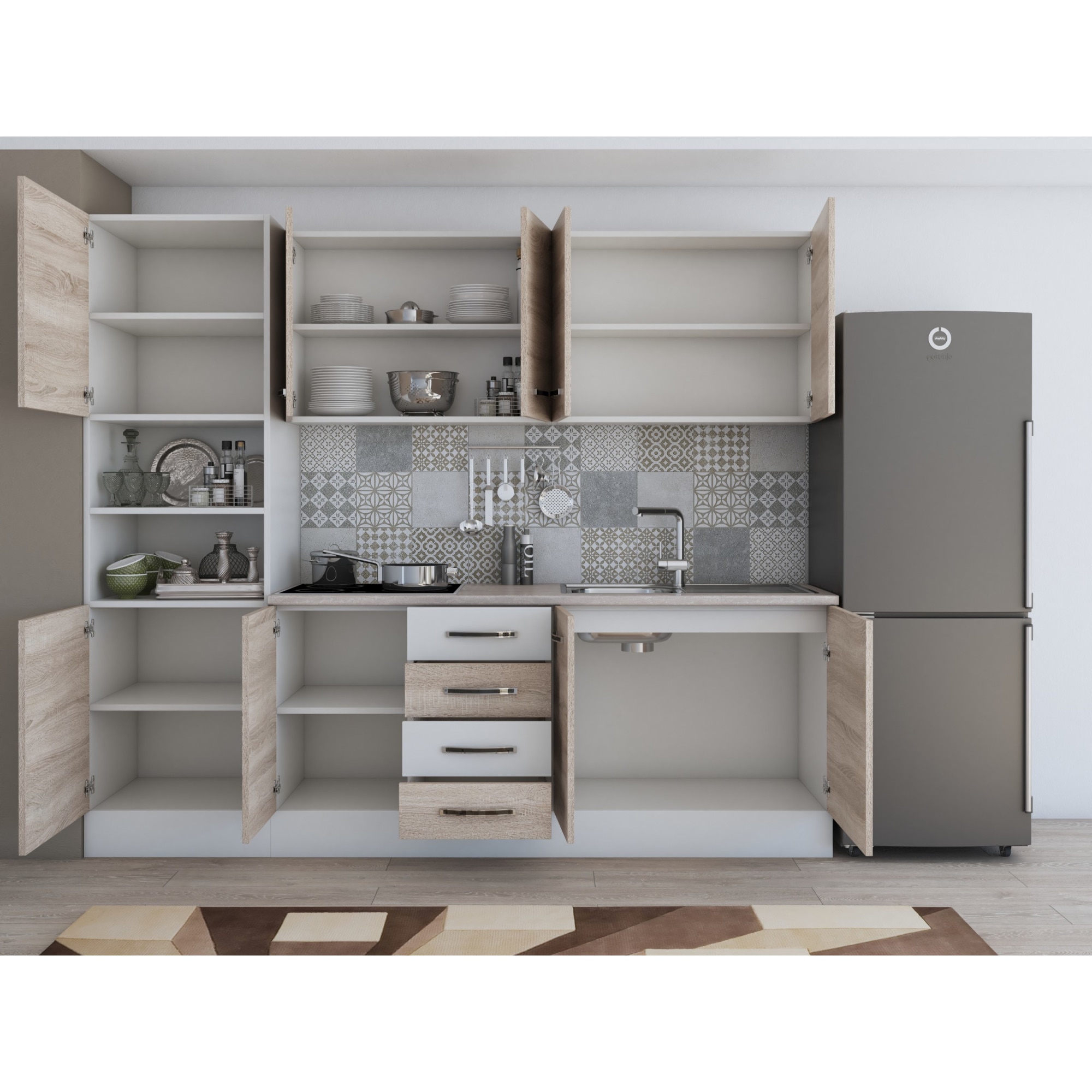 Bucatarie Alfa 240, soldat, fara vitrina, sonoma/alb, blat termic ...