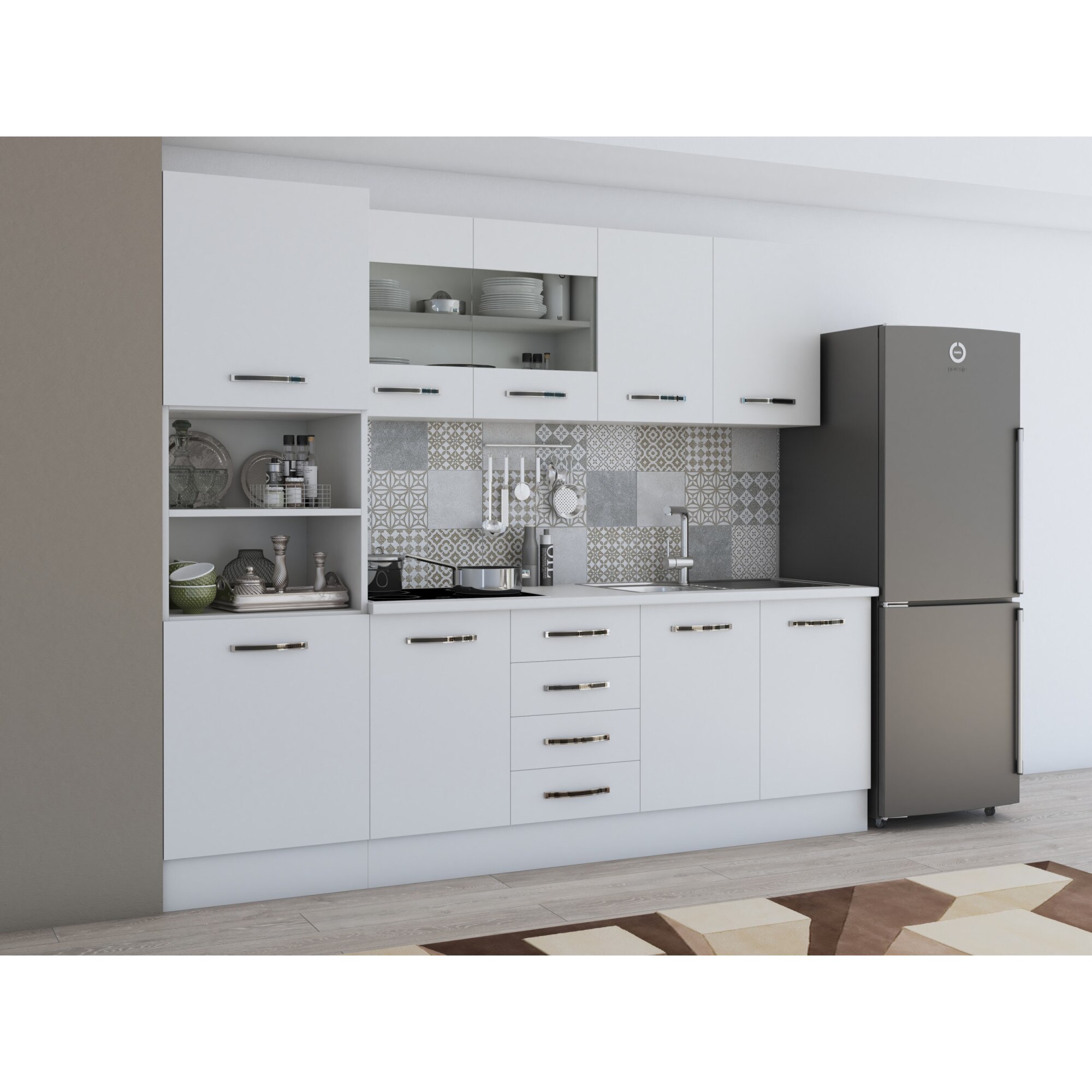 Bucatarie Alfa 240, soldat, cu vitrina, alb, blat termic alb - eMAG.ro