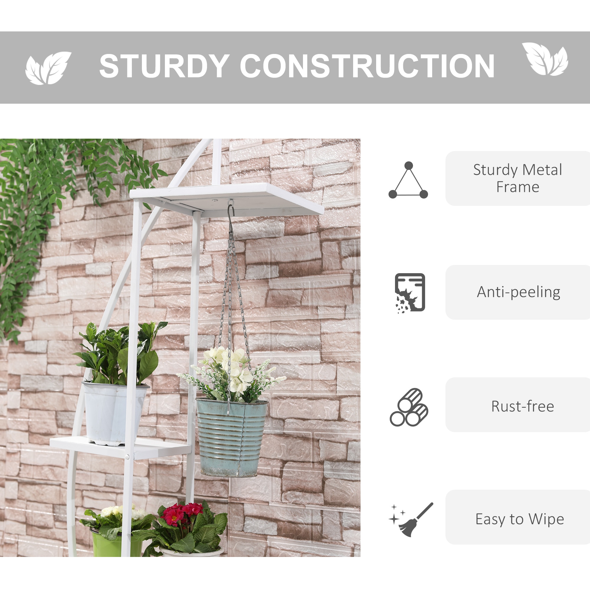 Suport flori, Outsunny, Metal, 5 rafturi, 2 bucati, Design semiluna, 53 ...