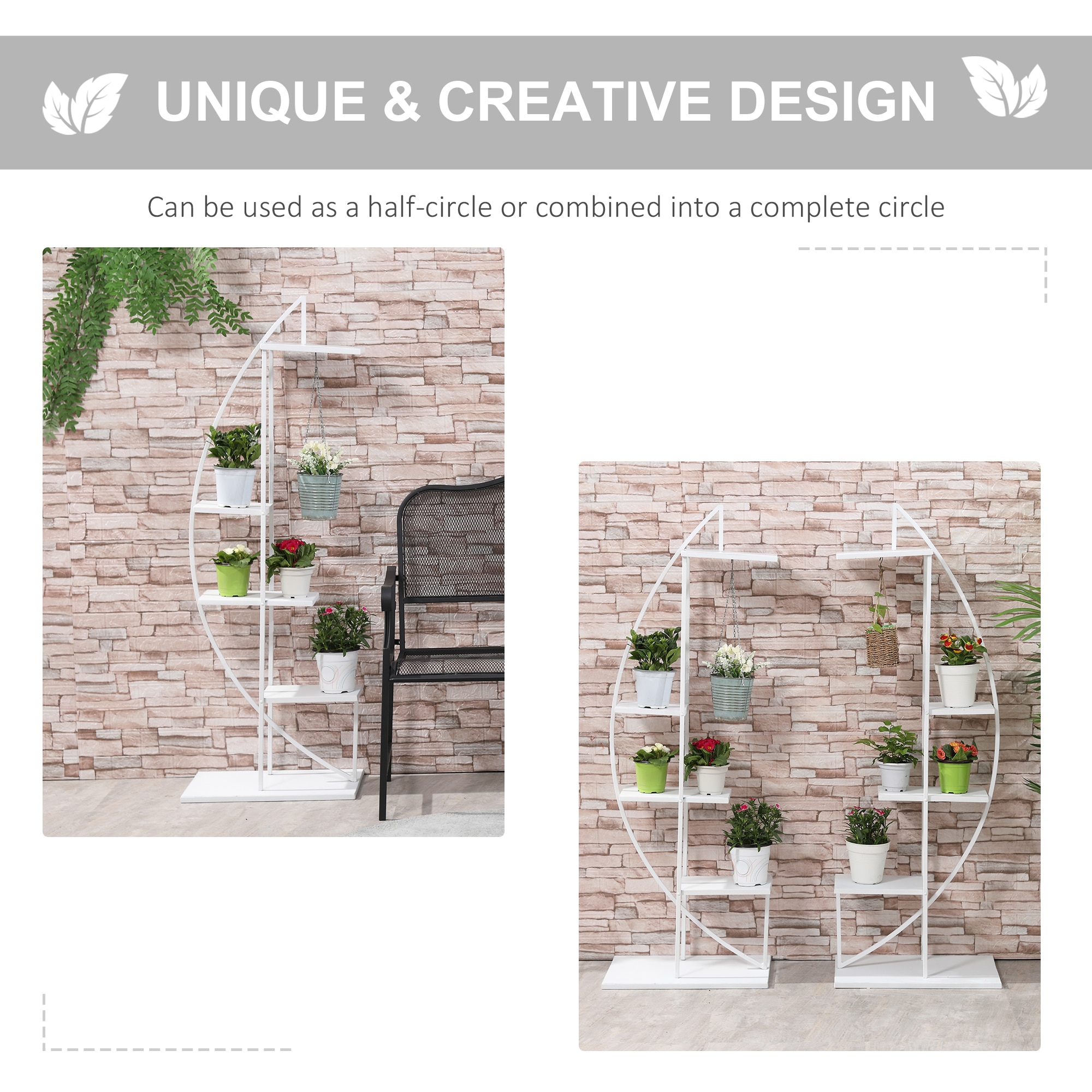 Suport flori, Outsunny, Metal, 5 rafturi, 2 bucati, Design semiluna, 53 ...