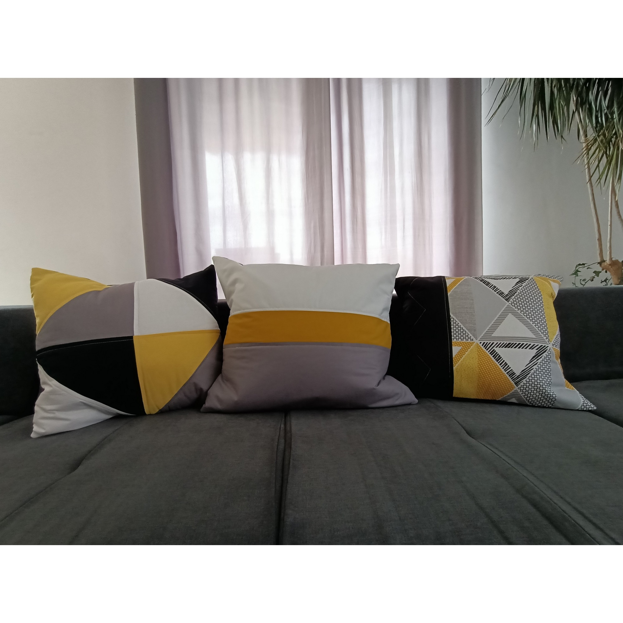 Set 3 perne decorative Galben gri Premium, huse detasabile, 50x50 cm ...
