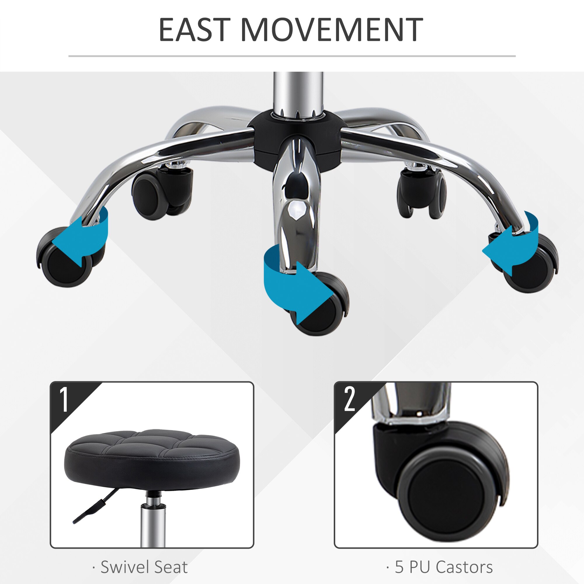 Set de 2 taburete cu roti, Homcom, Otel/PU, Roti pivotante, Inaltime ...