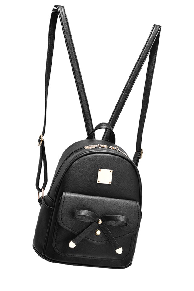 Rucsac pentru femei, Model cu funda, Piele PU, 22x15x26 cm, Negru - eMAG.ro