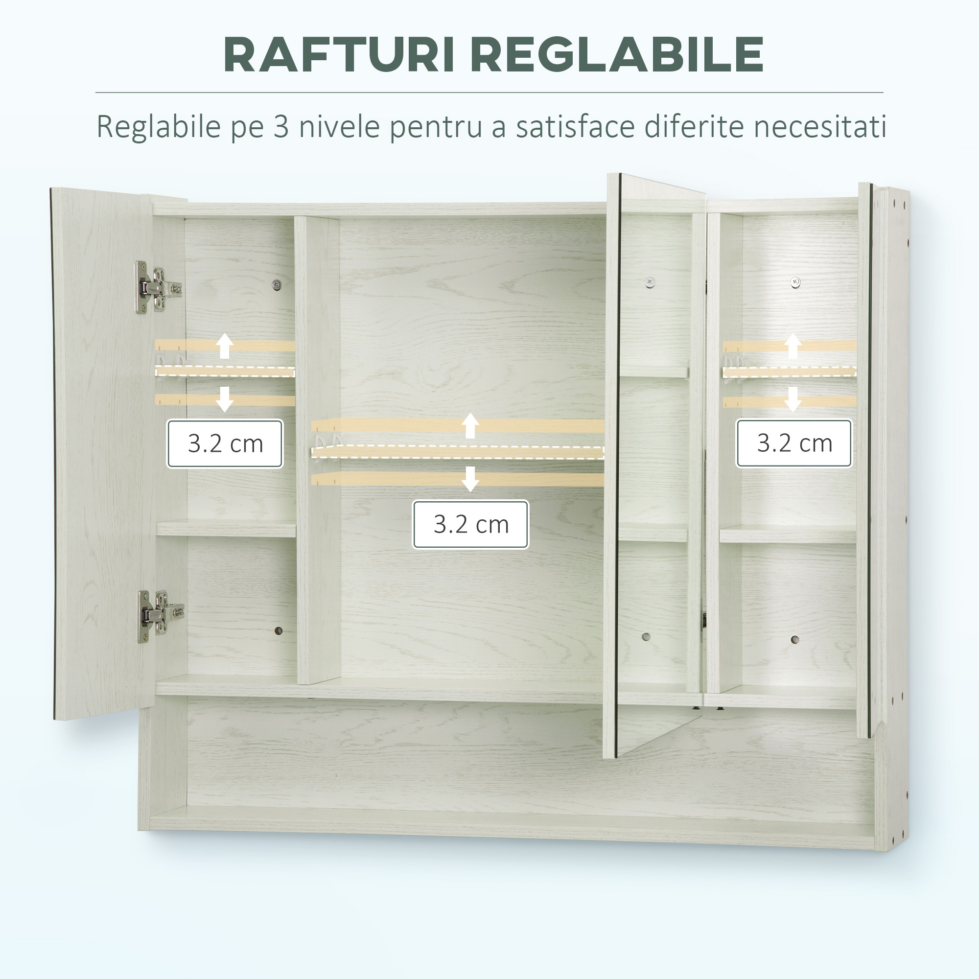 Dulap cu oglinda baie, Kleankin, MDF/Sticla, Rafturi reglabile, 3 usi ...