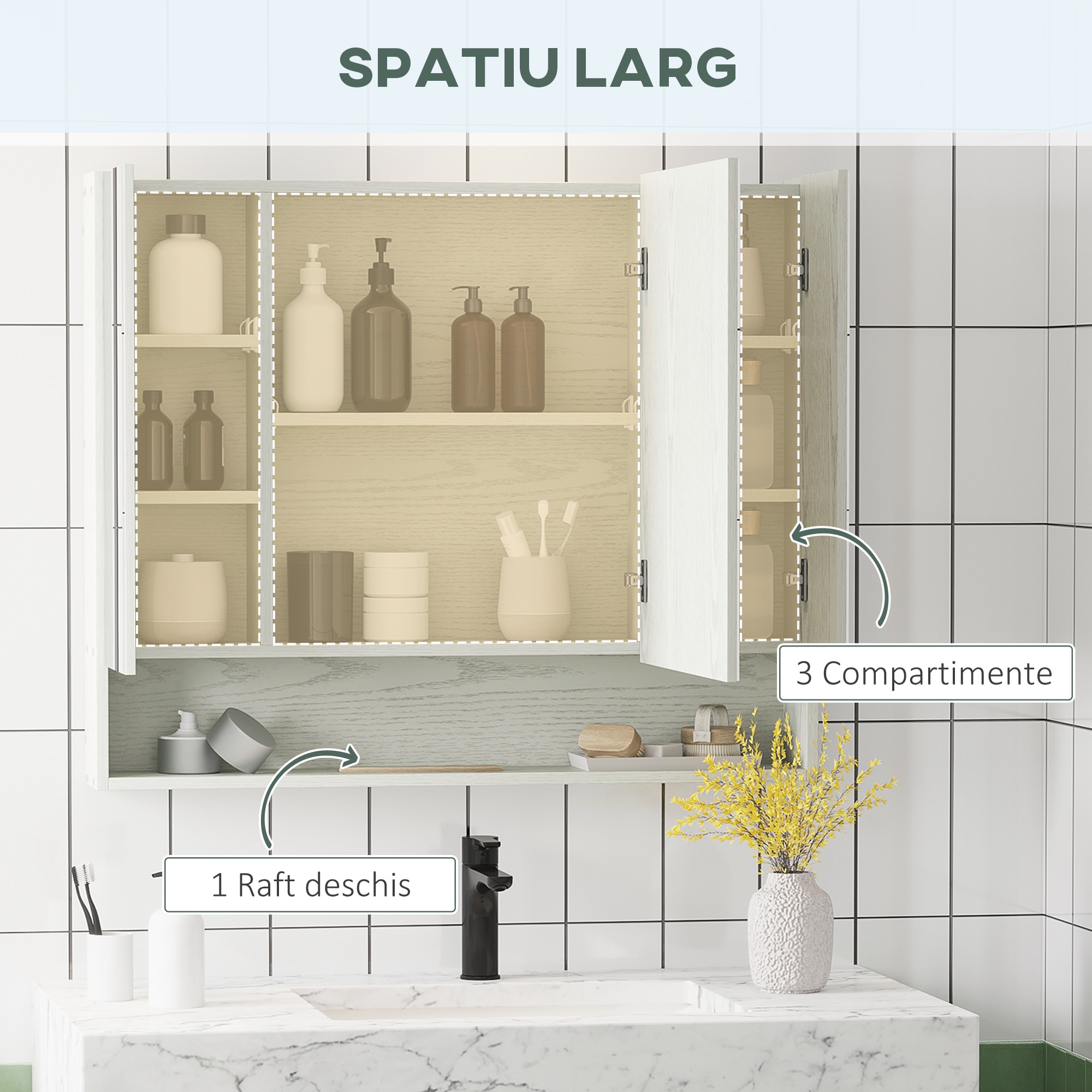 Dulap cu oglinda baie, Kleankin, MDF/Sticla, Rafturi reglabile, 3 usi ...