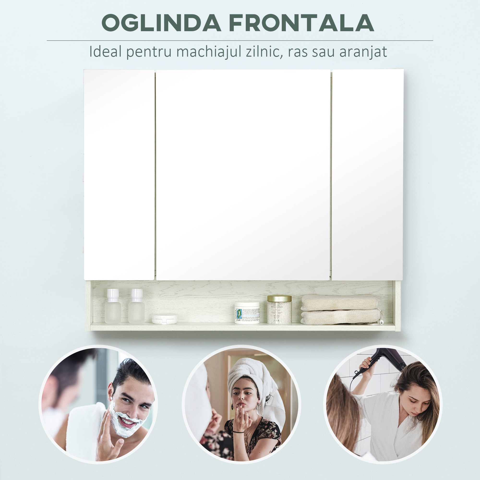 Dulap cu oglinda baie, Kleankin, MDF/Sticla, Rafturi reglabile, 3 usi ...
