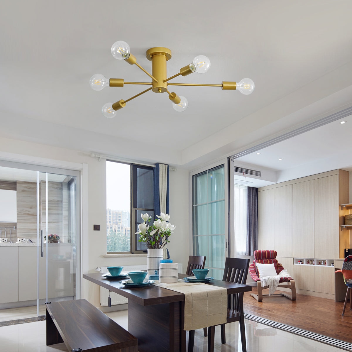 Candelabru led modern, Goeco,6 gold fara becuri, E27, Max 40W, Auriu ...