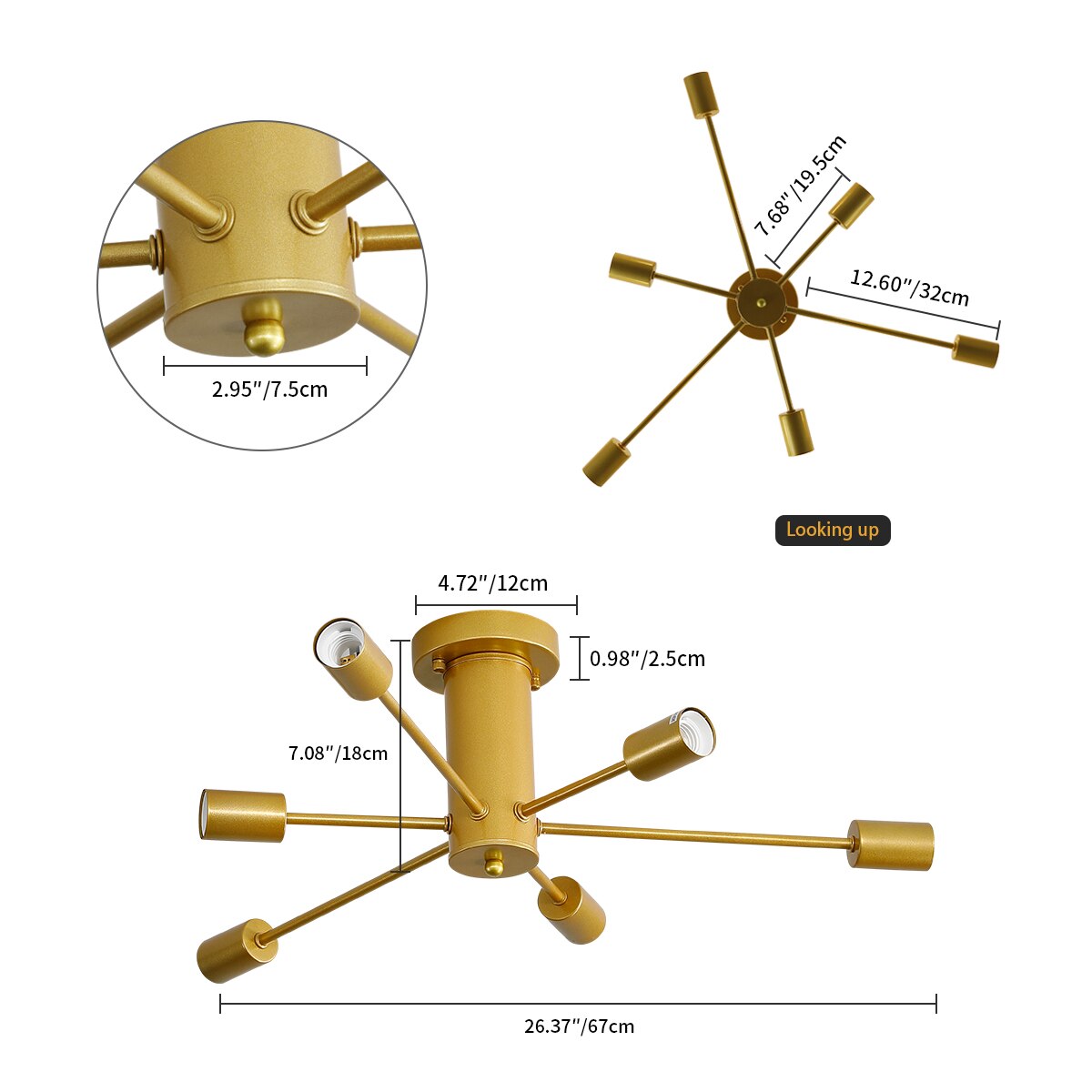 Candelabru led modern, Goeco,6 gold fara becuri, E27, Max 40W, Auriu ...