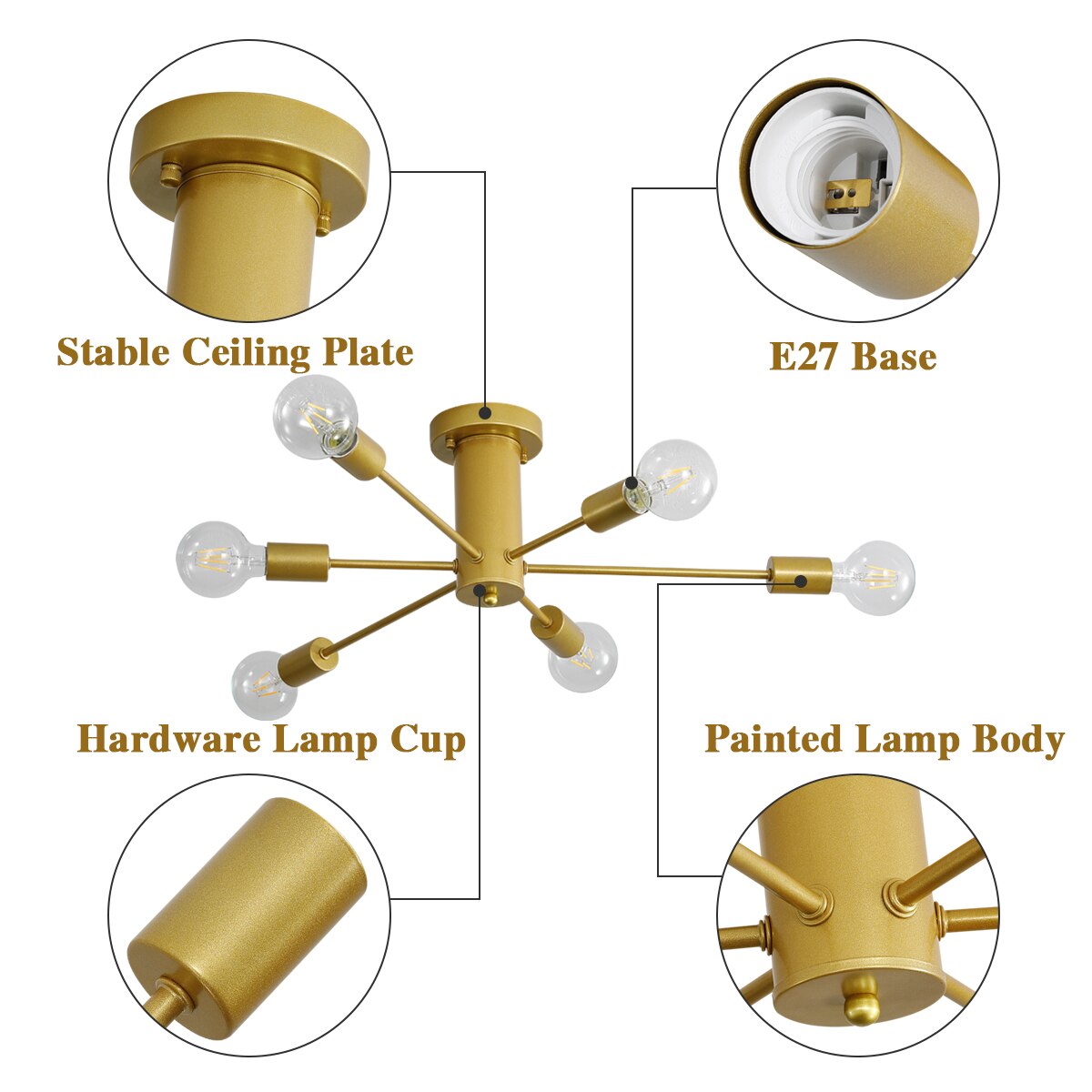 Candelabru led modern, Goeco,6 gold fara becuri, E27, Max 40W, Auriu ...