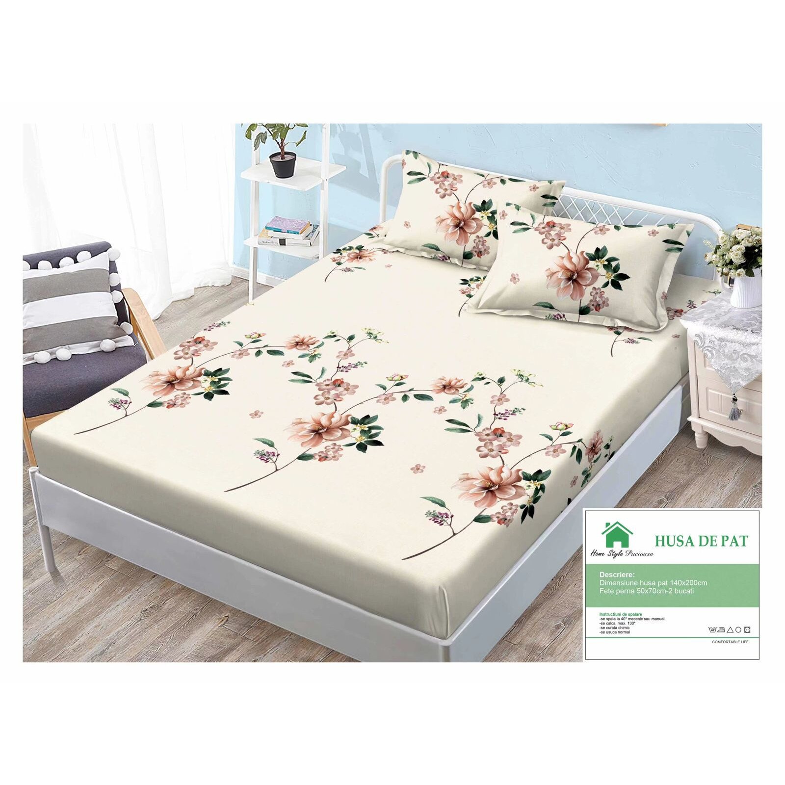 Set cearceaf multicolor cu elastic 140X200 cm si 2 fete de perna, BID ...