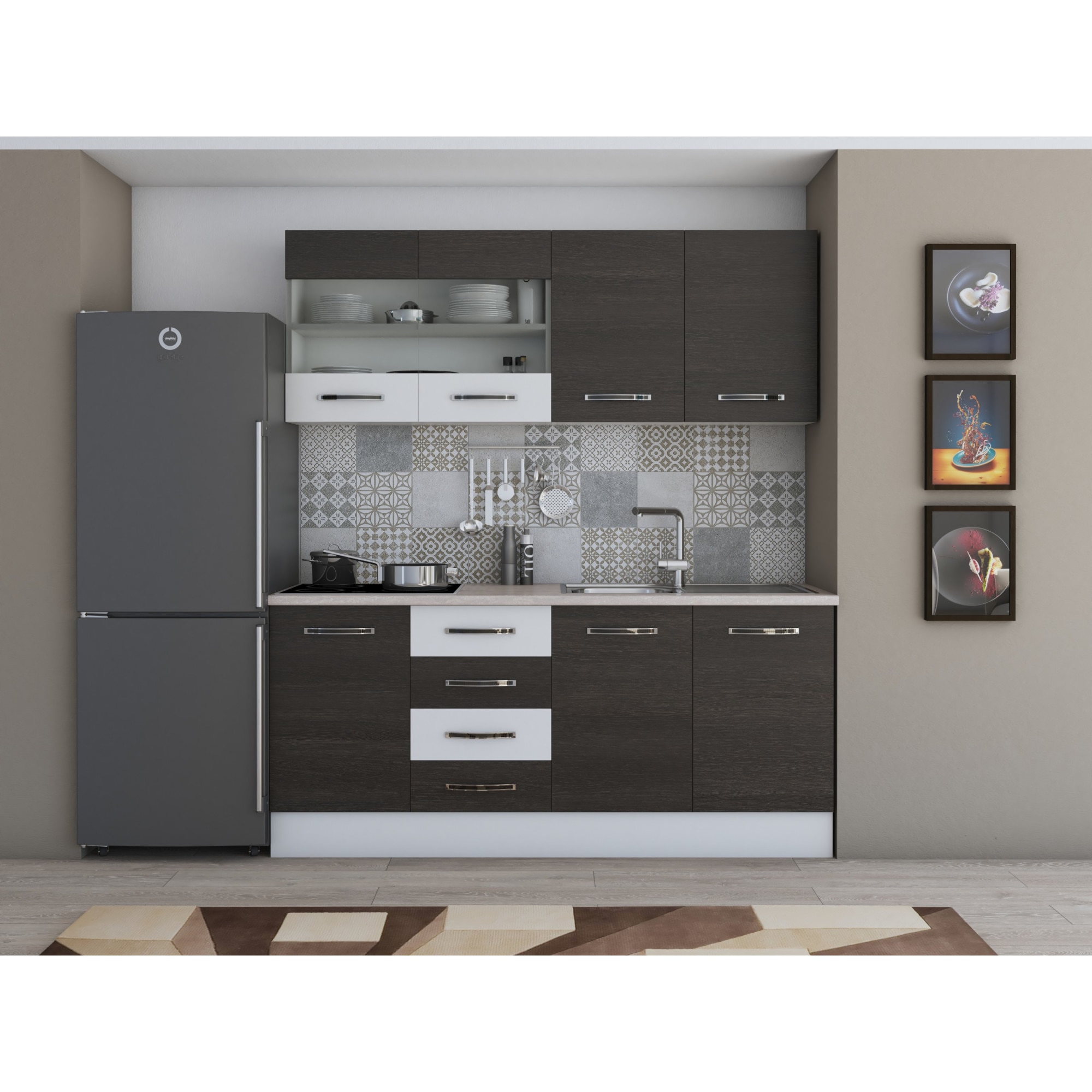 Bucatarie Alfa 180, cu vitrina, wenge/alb, blat termic travertin - eMAG.ro