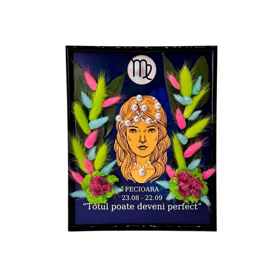 Set zodia Fecioara, tablou cu licheni si lantisor cu semn zodiacal in ...