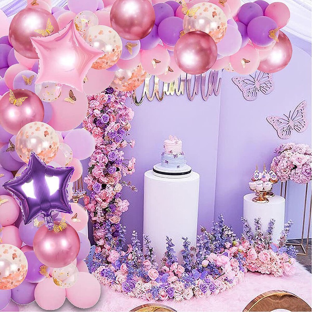 Set 129 baloane pentru petrecere, cu fluture, roz/violet, 30cm - eMAG.ro