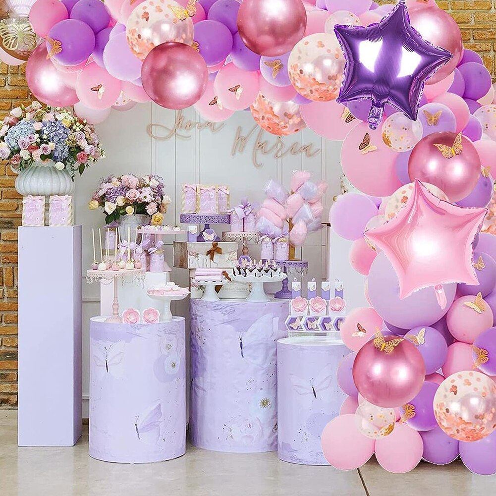 Set 129 baloane pentru petrecere, cu fluture, roz/violet, 30cm - eMAG.ro