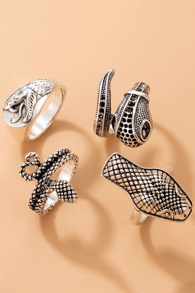 Set 4 inele boho, serpi incolaciti, cap de sarpe, medalion cu sarpe ...