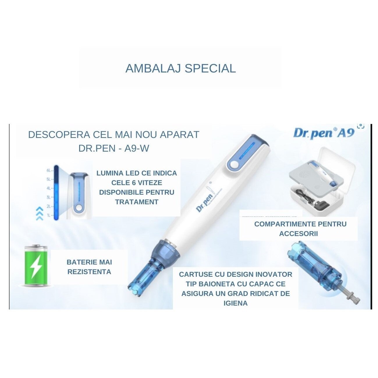 Aparat masaj facial, Dermapen, 10 capete rezerva cu 12 ace din titan ...
