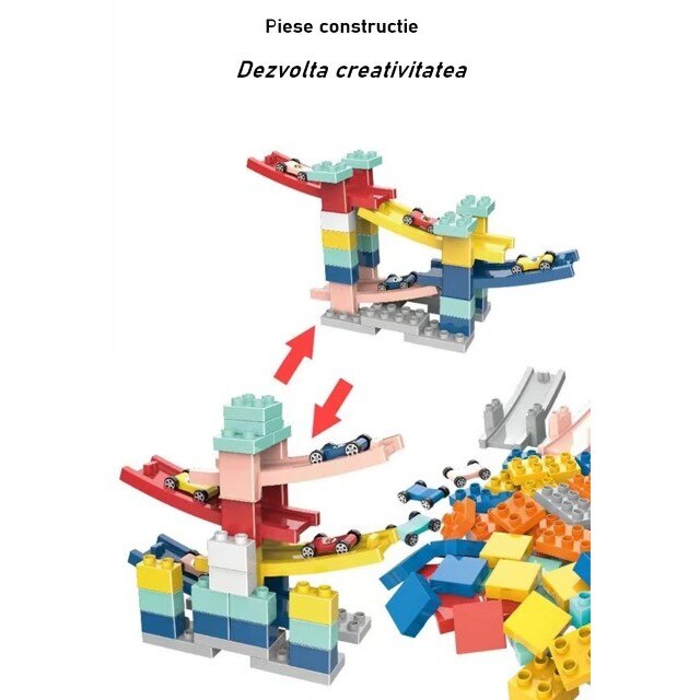 Set piese pentru constructie, Rampa auto, 30 piese, Masinute incluse ...