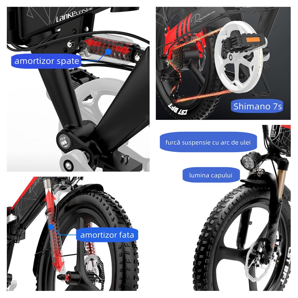 Bicicleta electrica LANKELEISI, G650, 20", 48 V 14.5AH, 400W, Pliere ...