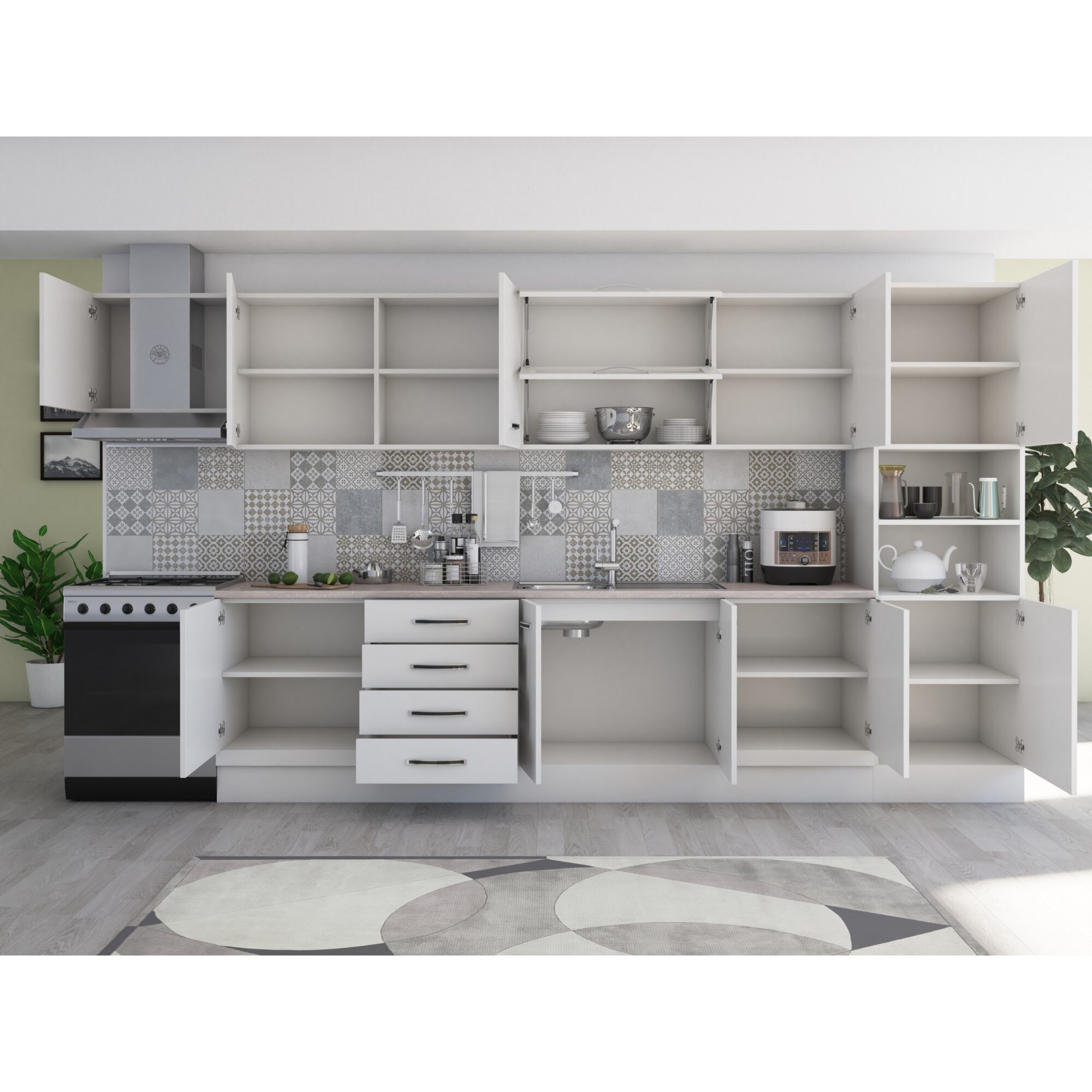 Bucatarie Alfa 380, alb, blat termic travertin, corp hota, soldat - eMAG.ro