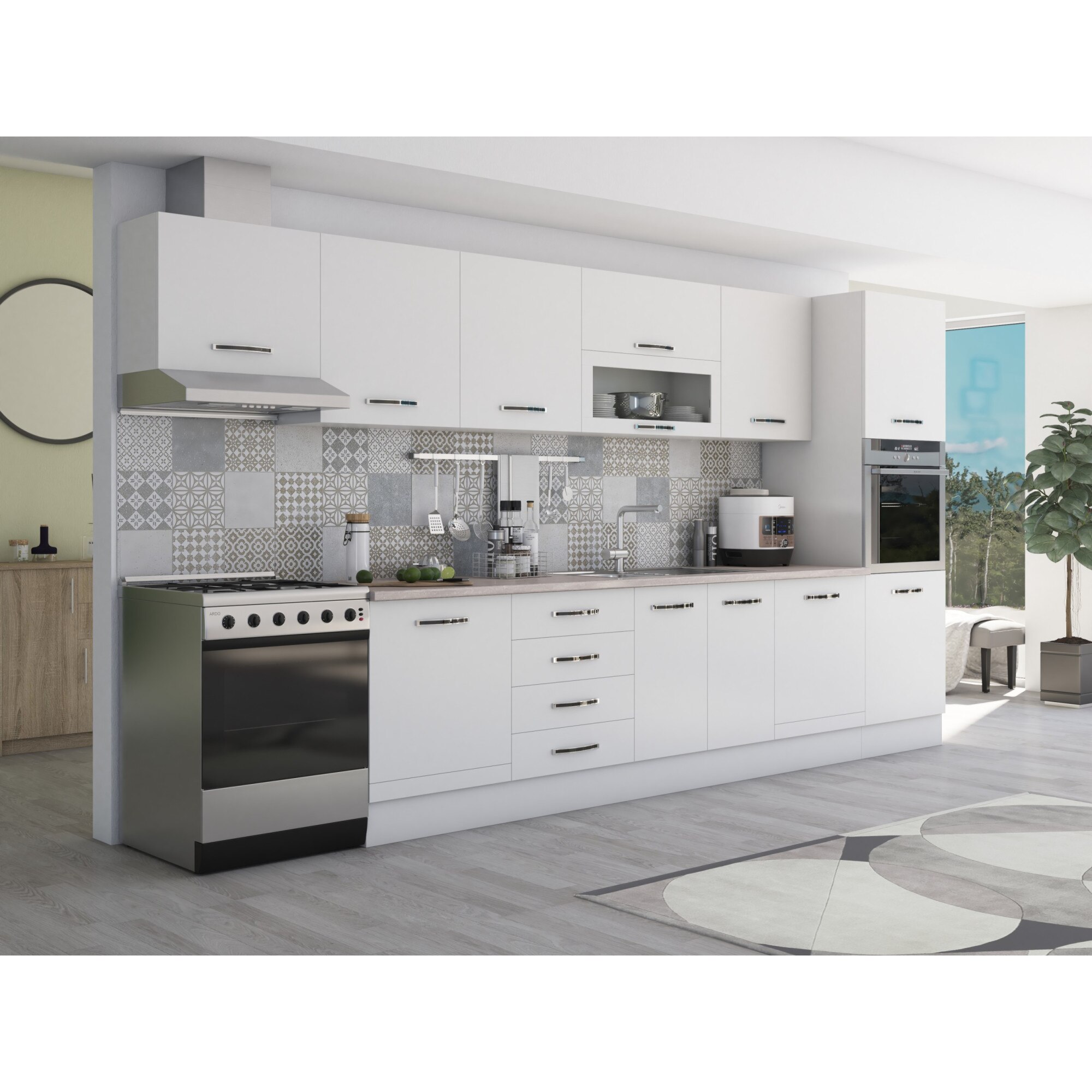 Bucatarie Alfa 380, alb, blat termic travertin, corp hota, soldat - eMAG.ro