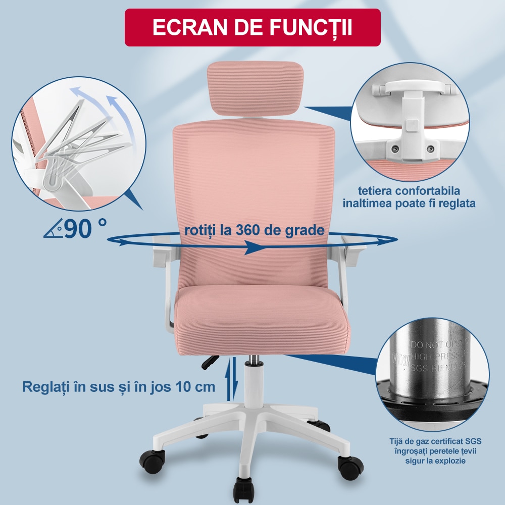 Scaun de birou, Euotboup, Nylon/Metal, Suport lombar, 150kg, Roz - eMAG.ro