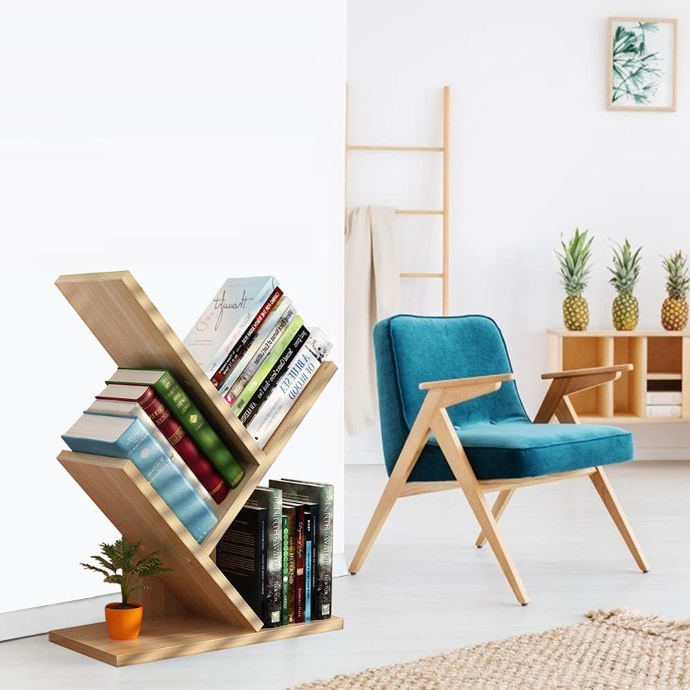 Raft depozitare carti, awwaline, lemn natur, 3 polite, forma de copac ...