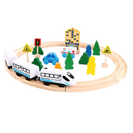 Circuit din lemn cu Trenulet electric si accesorii, 26 piese ...