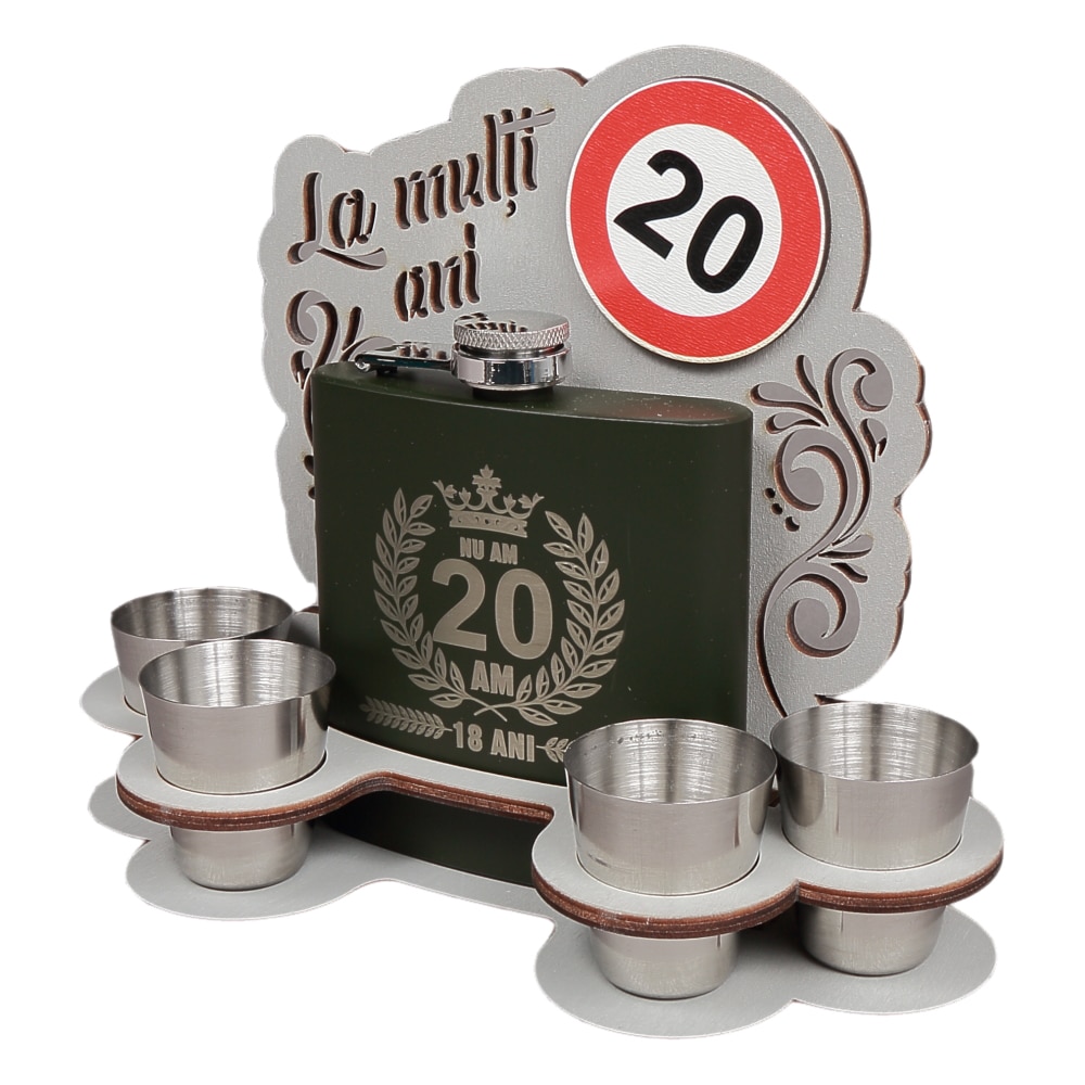 Set plosca cu 4 pahare din inox, 20 de ani, 16.5x20 cm - eMAG.ro