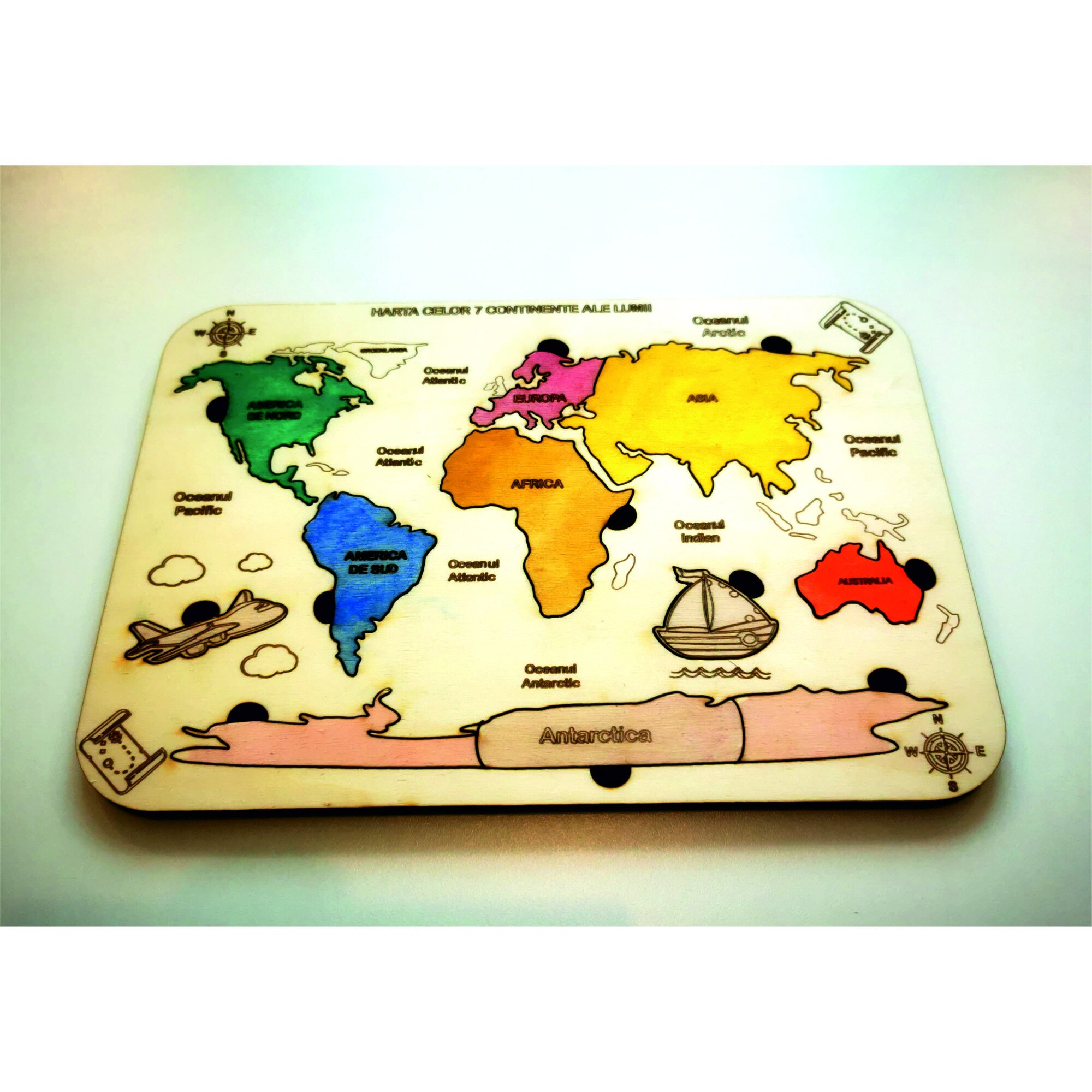 Puzzle 3D, Harta Lumii, Cele 7 continente si oceane, lemn, 12 piese ...