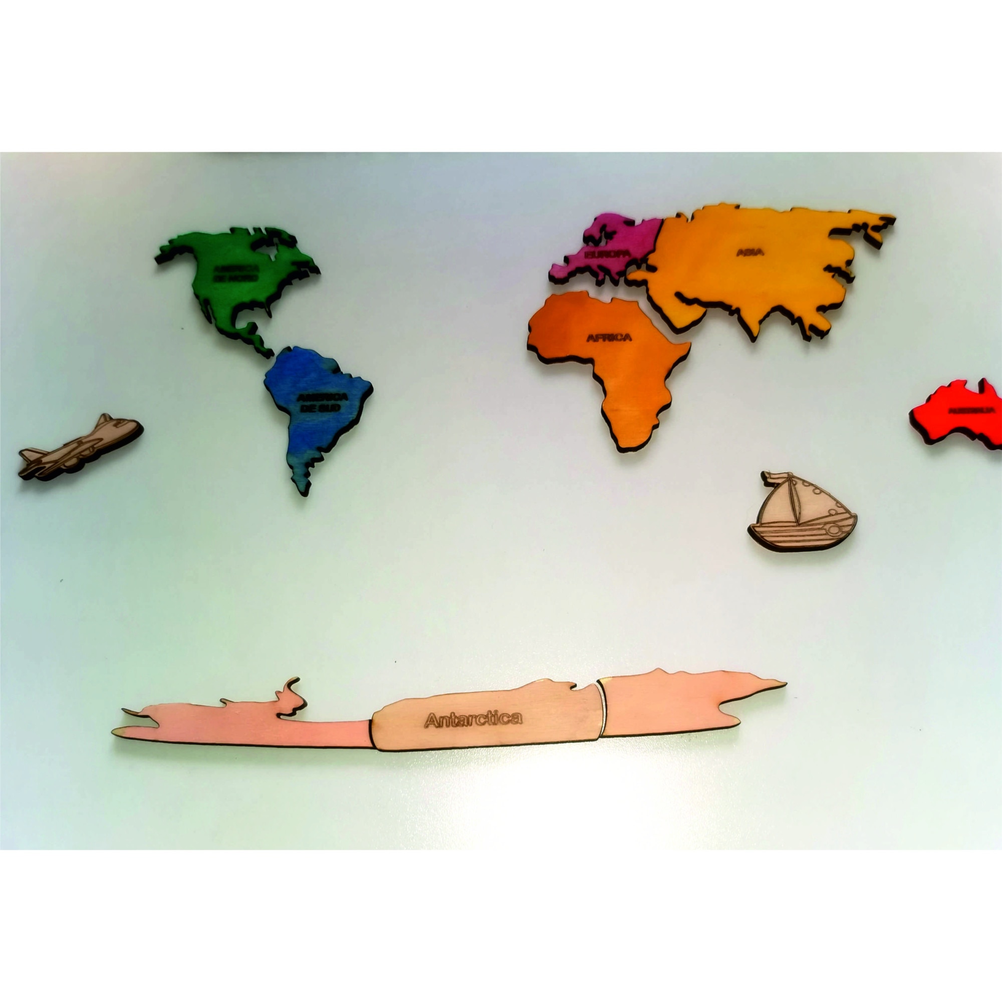 Puzzle 3D, Harta Lumii, Cele 7 continente si oceane, lemn, 12 piese ...