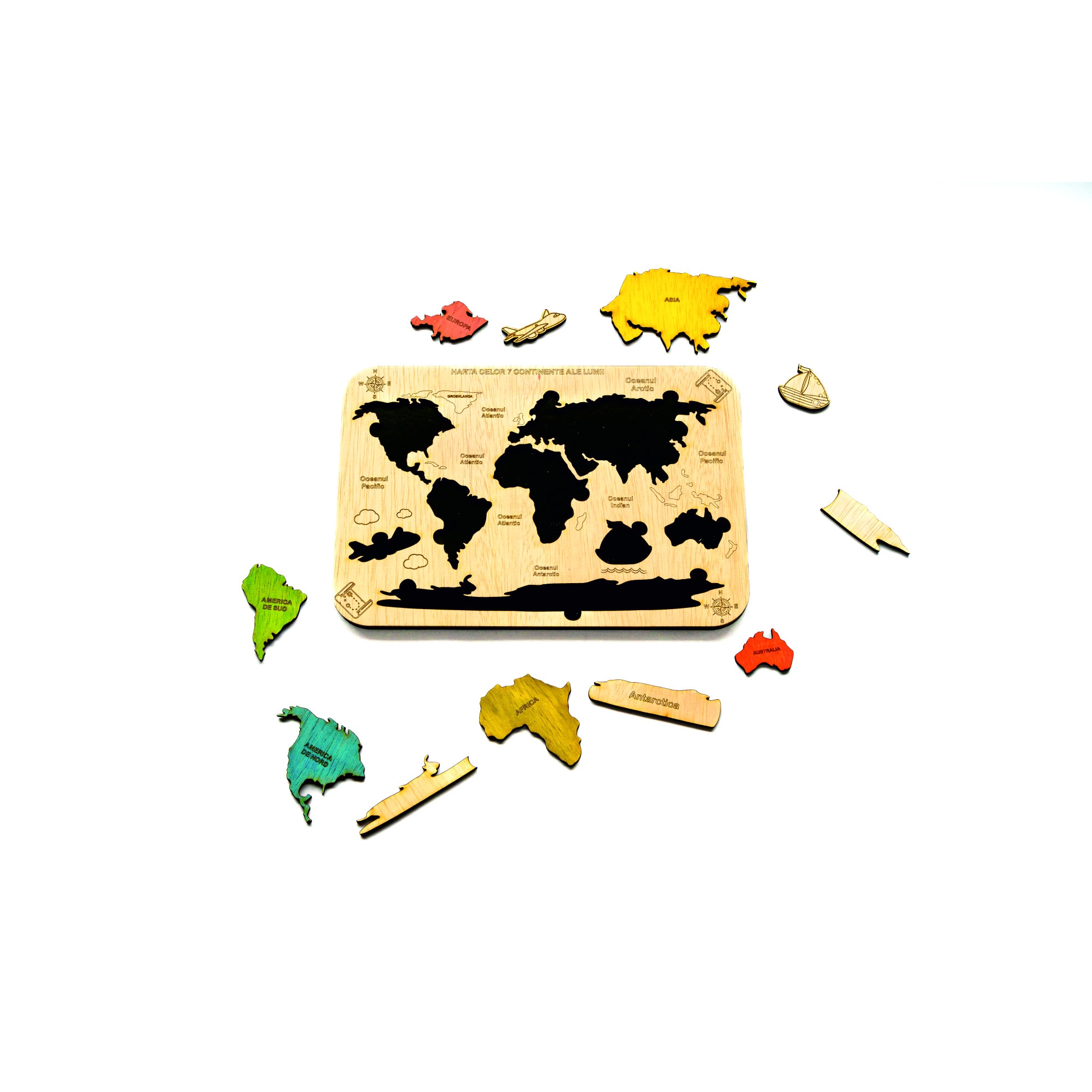 Puzzle Montessori, Harta Lumii, Cele 7 continente si oceane, lemn, 12 ...