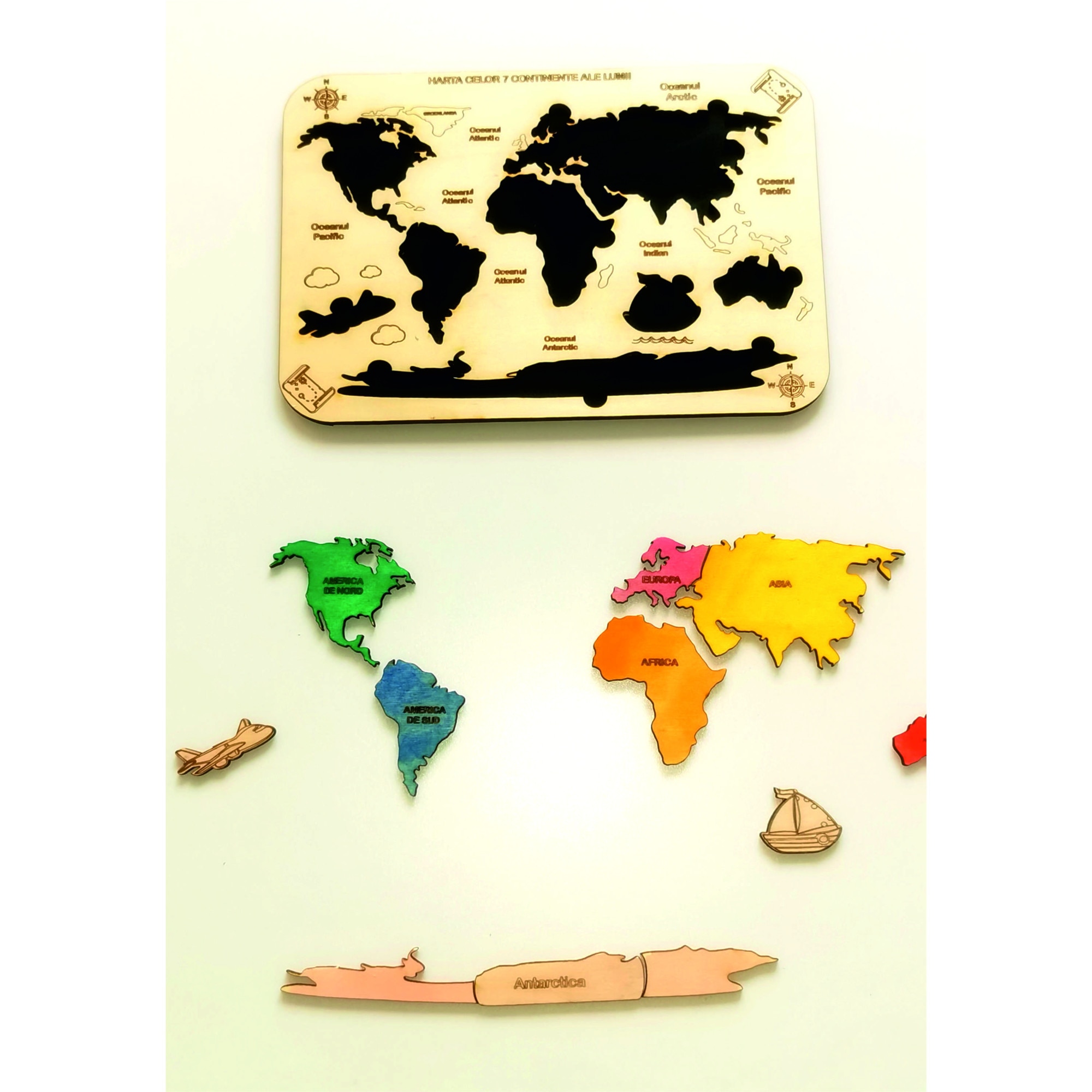 Puzzle 3D, Harta Lumii, Cele 7 continente si oceane, lemn, 12 piese ...