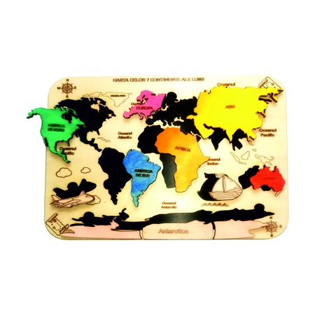 Puzzle 3D, Harta Lumii, Cele 7 continente si oceane, lemn, 12 piese ...