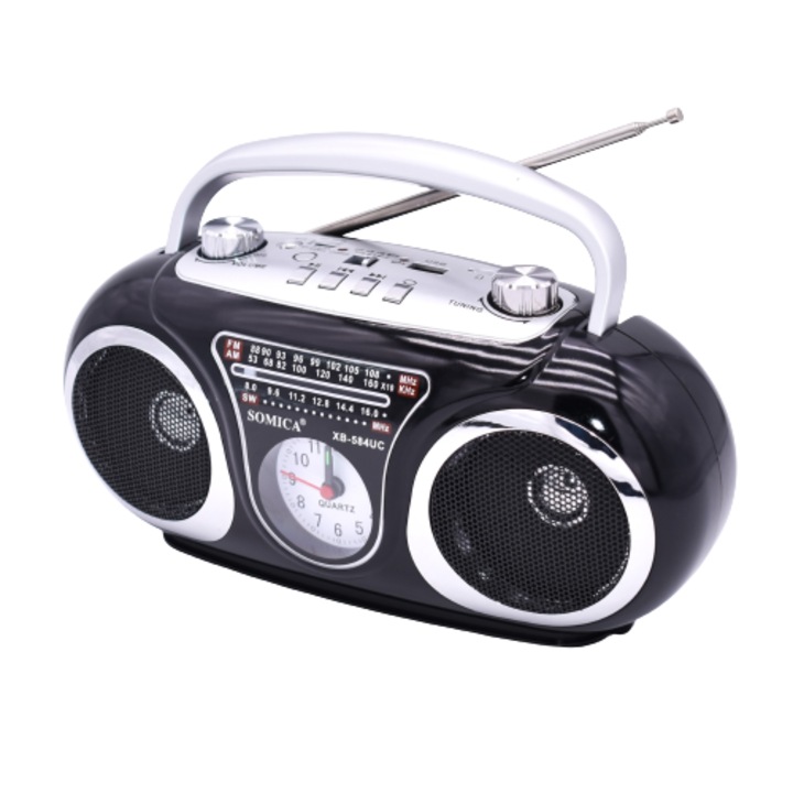 Radio Cu Mp3 portabil Stereo, TF/USB, AM, FM, SW, Ceas, SOMICA, Negru ...