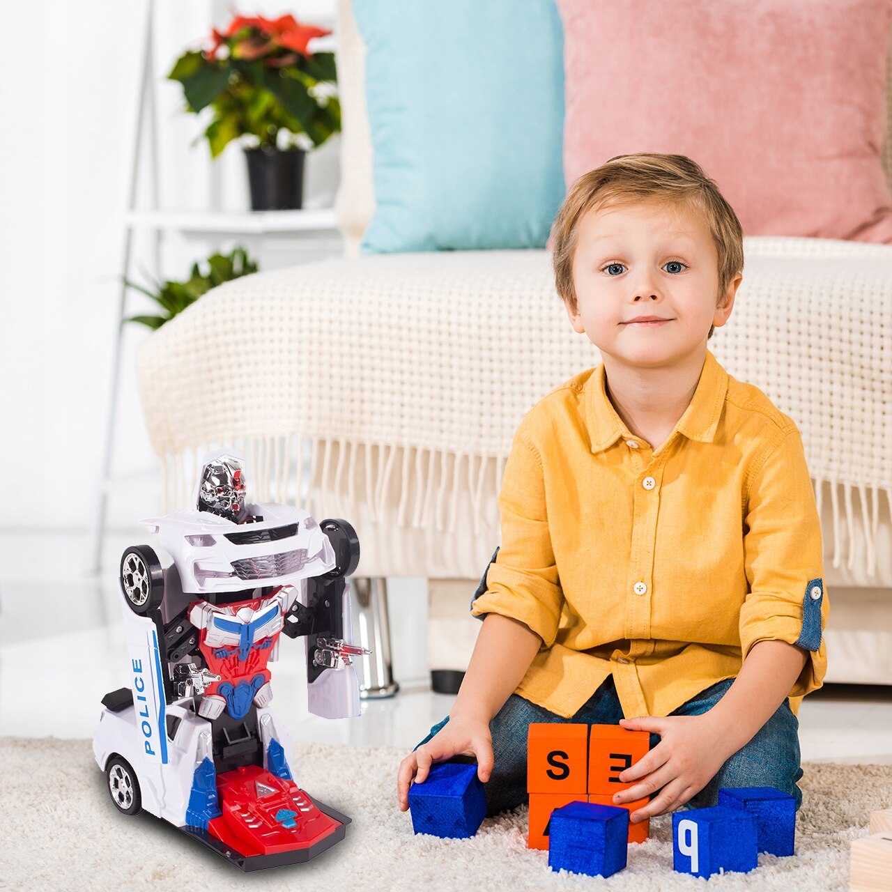 Robot de Jucarie Transformers 20 cm, Cars Police Action cu Efecte ...