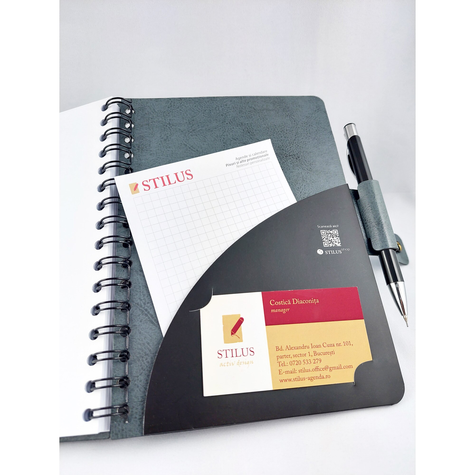 Agenda notes A5 Premium cu foi albe veline, coperta flexibila gri din ...