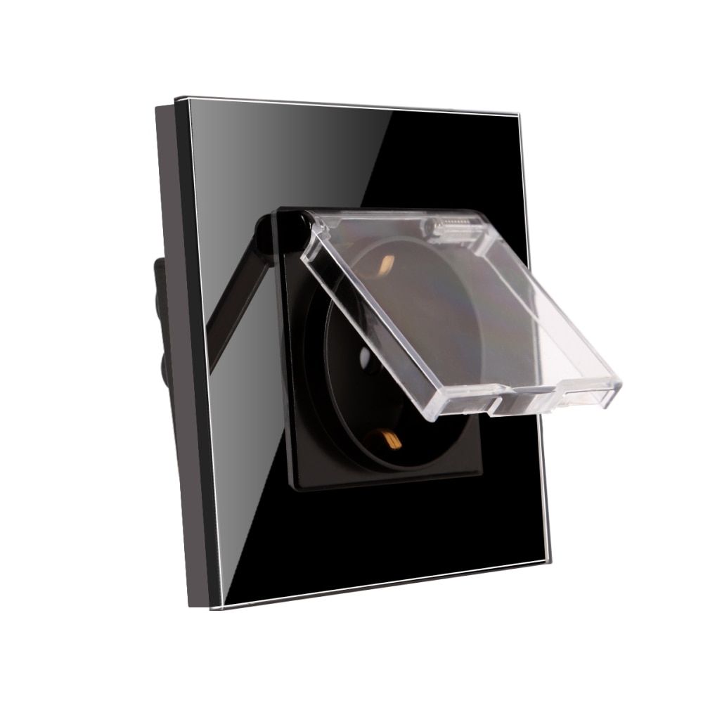 Priza Simpla cu Capac de Protectie cu Rama din Sticla Luxion, Negru ...