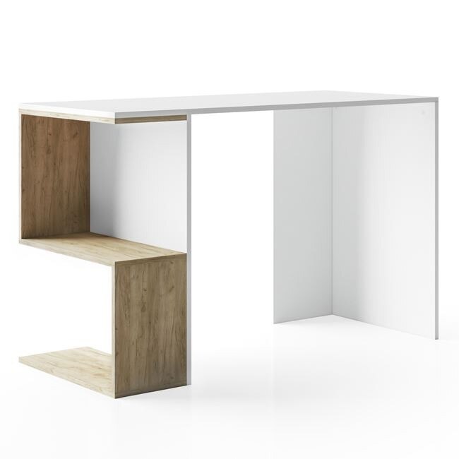 Birou din lemn alb cu rafturi laterale maro, dimensiuni 117x50x73 cm ...