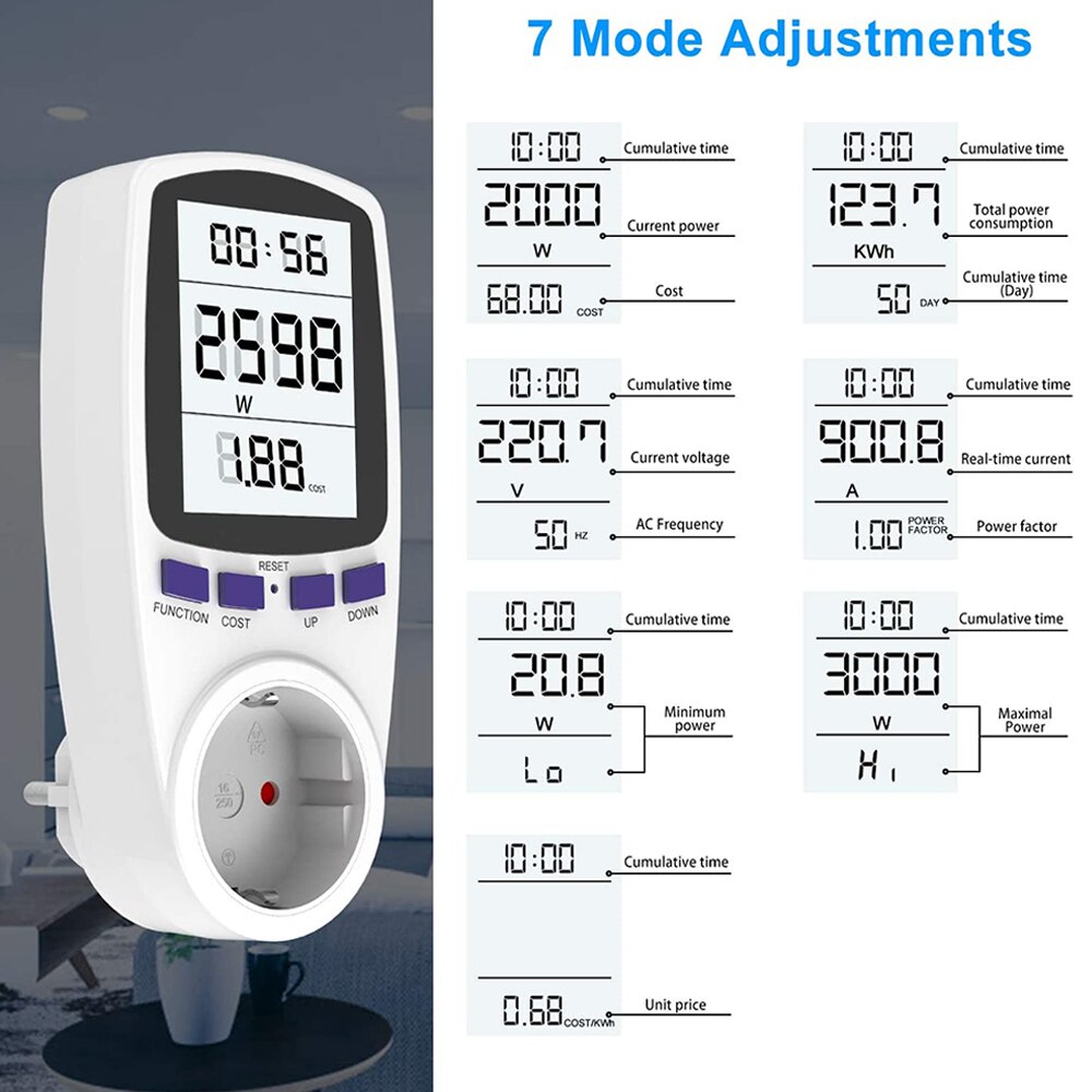 Priza digitala tip contor, BOMSTOM, 230V, 16A, 3680W, afisaj W/kWh/V/A ...