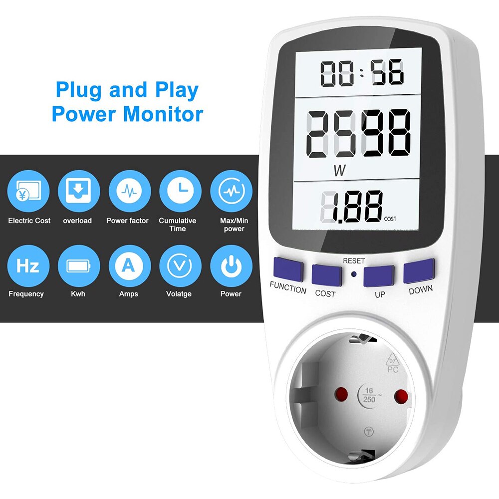 Priza digitala tip contor, BOMSTOM, 230V, 16A, 3680W, afisaj W/kWh/V/A ...