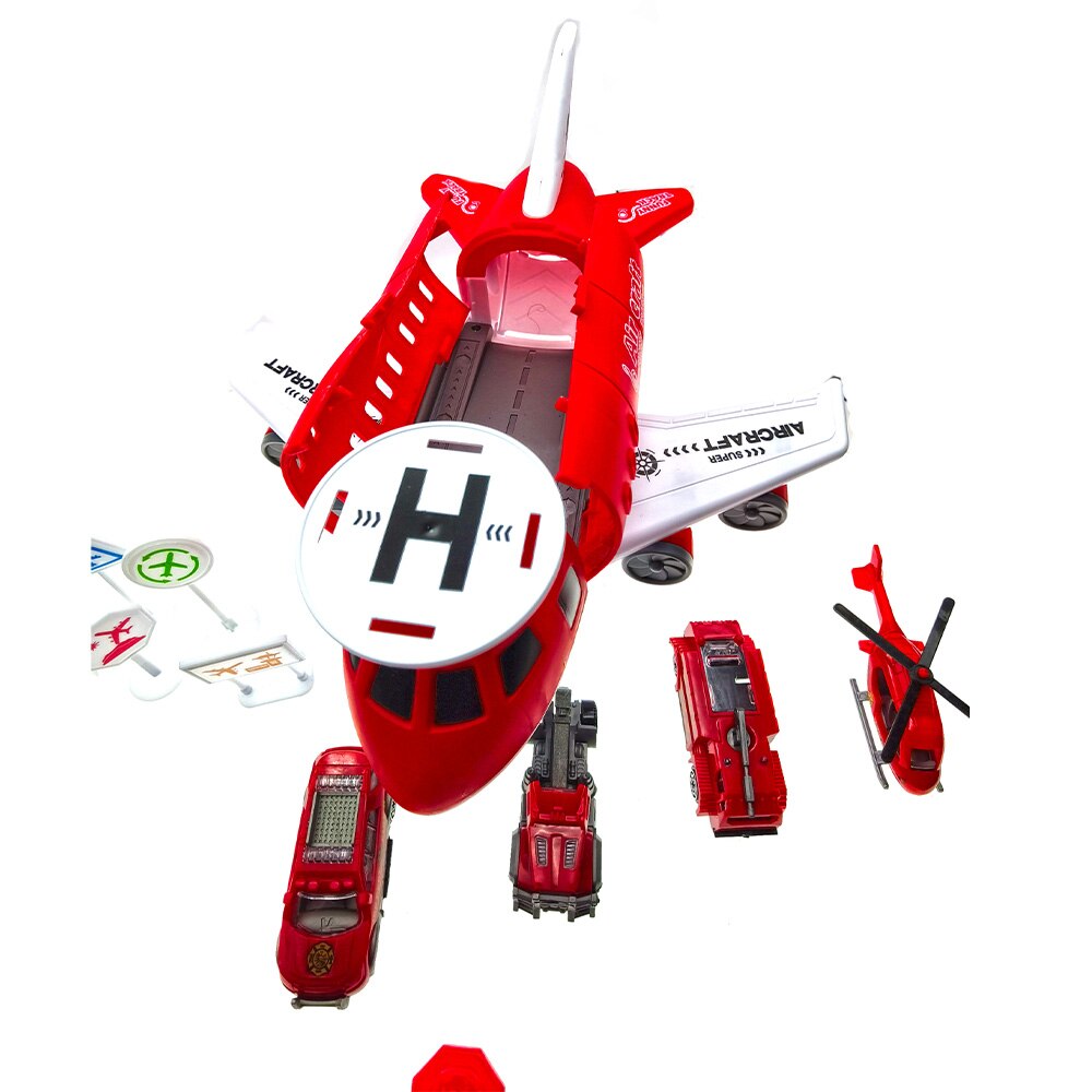 Avion cargo rosu cu 3 masinute, un elicopter, pista si semne de ...