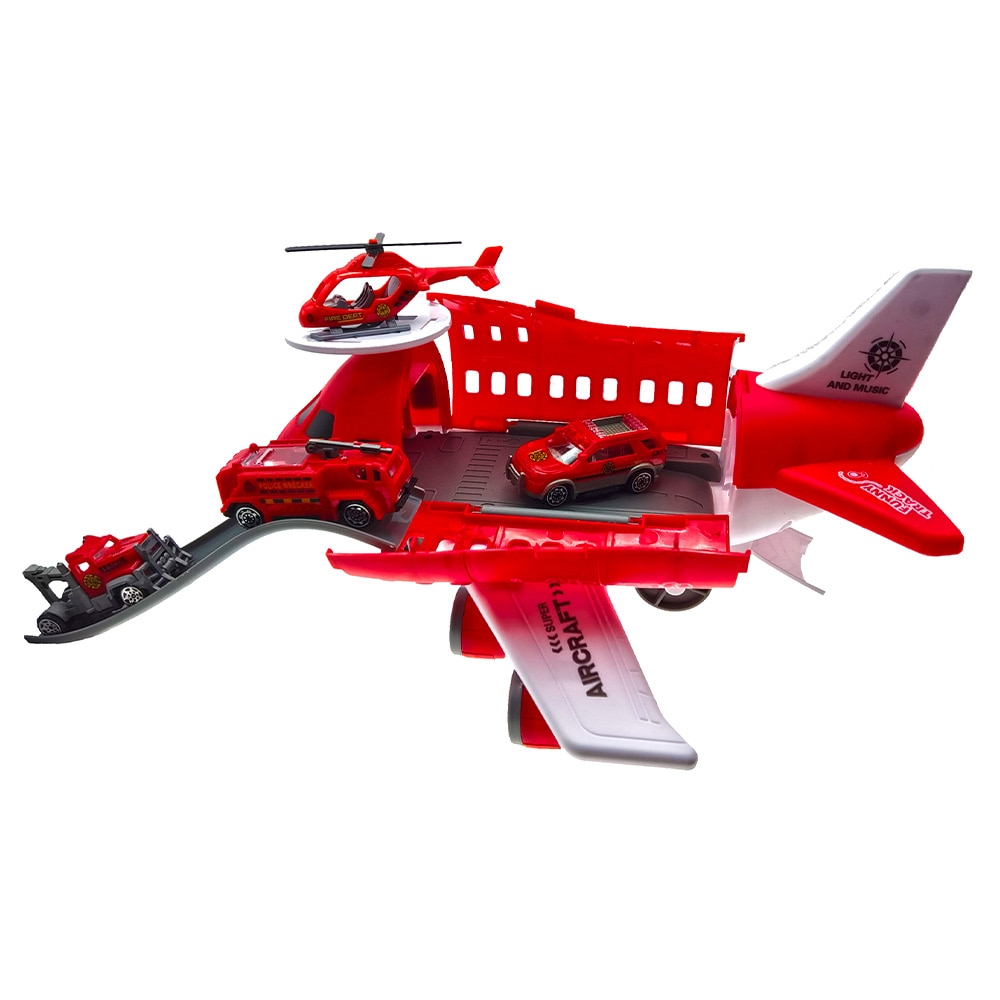 Avion cargo rosu cu 3 masinute, un elicopter, pista si semne de ...