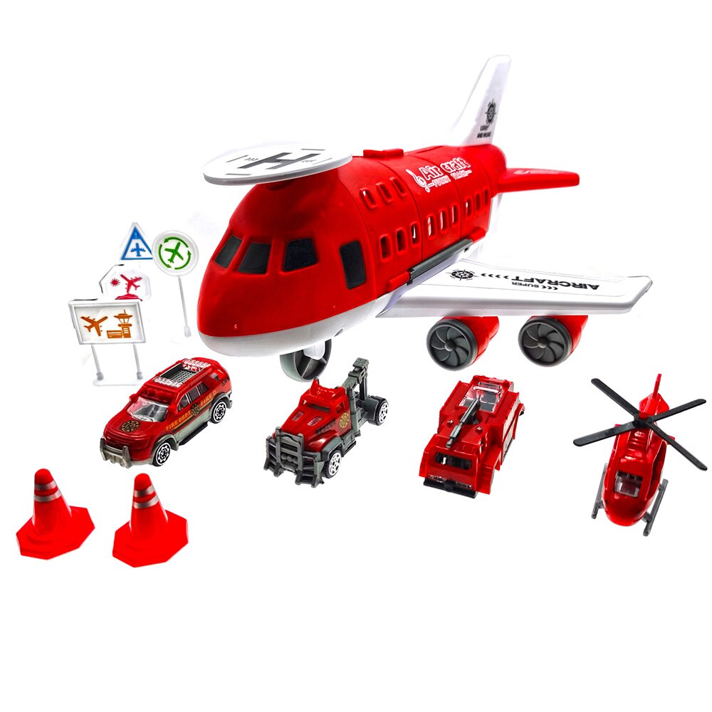 Avion cargo rosu cu 3 masinute, un elicopter, pista si semne de ...